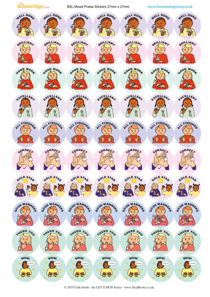 BSL Mixed Praise Sticker Sheet Pack - Vinyl BSL Stickers for Schools