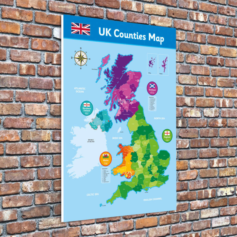 UK Counties Map - Geography Sign for Schools - Free P&P